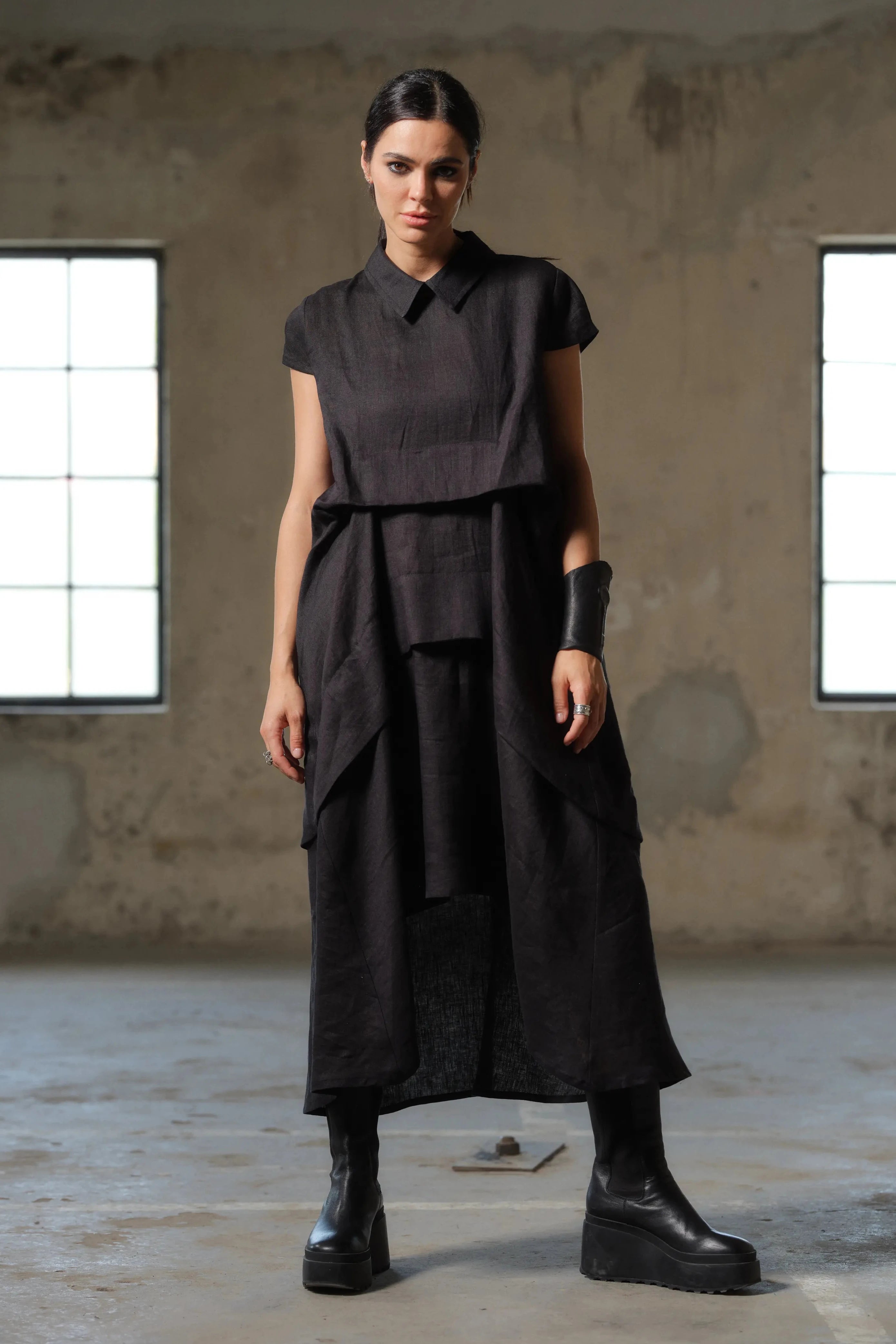 Modern Flowy Short Sleeves Linen Dress - Avant-Garde Midi Style ...